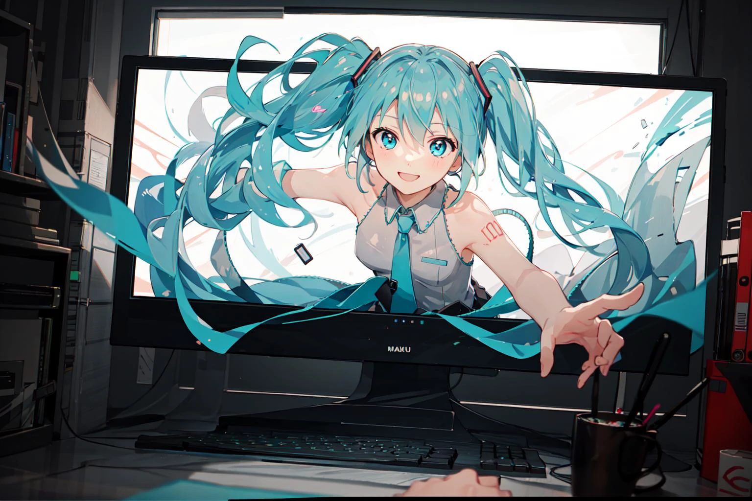 best quality, masterpiece, 1girl, hatsune miku, through_screen - SeaArt AI