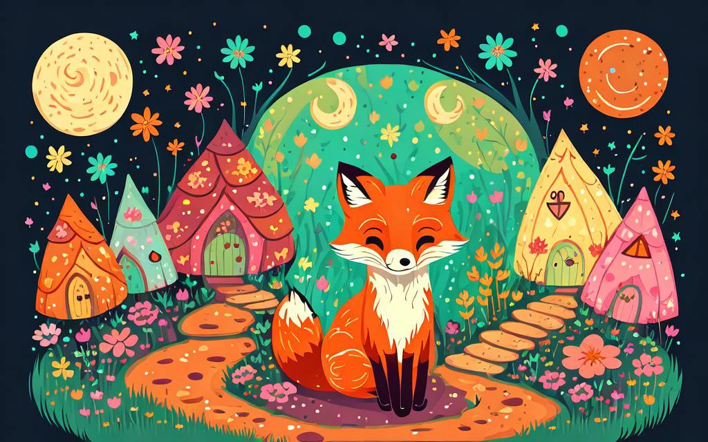 vector art of a lone cute happy fox in a fairy garden, flowers ...