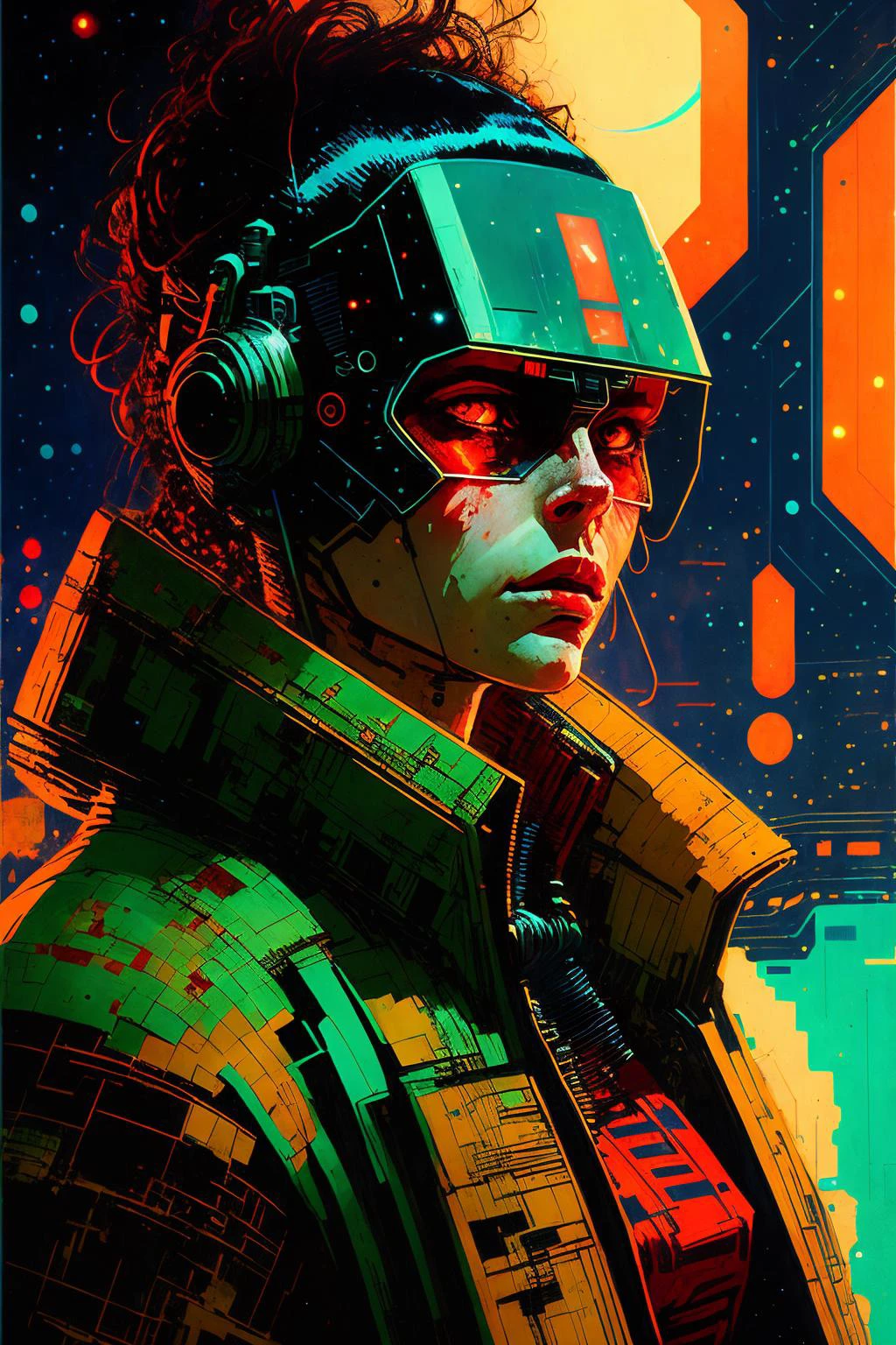 portrait 1 young woman ,science fiction, complex background futuristic ...