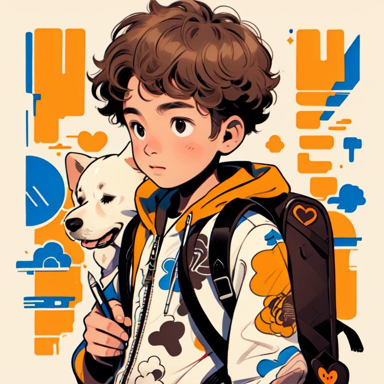 A boy with a backpack and a dog in his arms - SeaArt AI