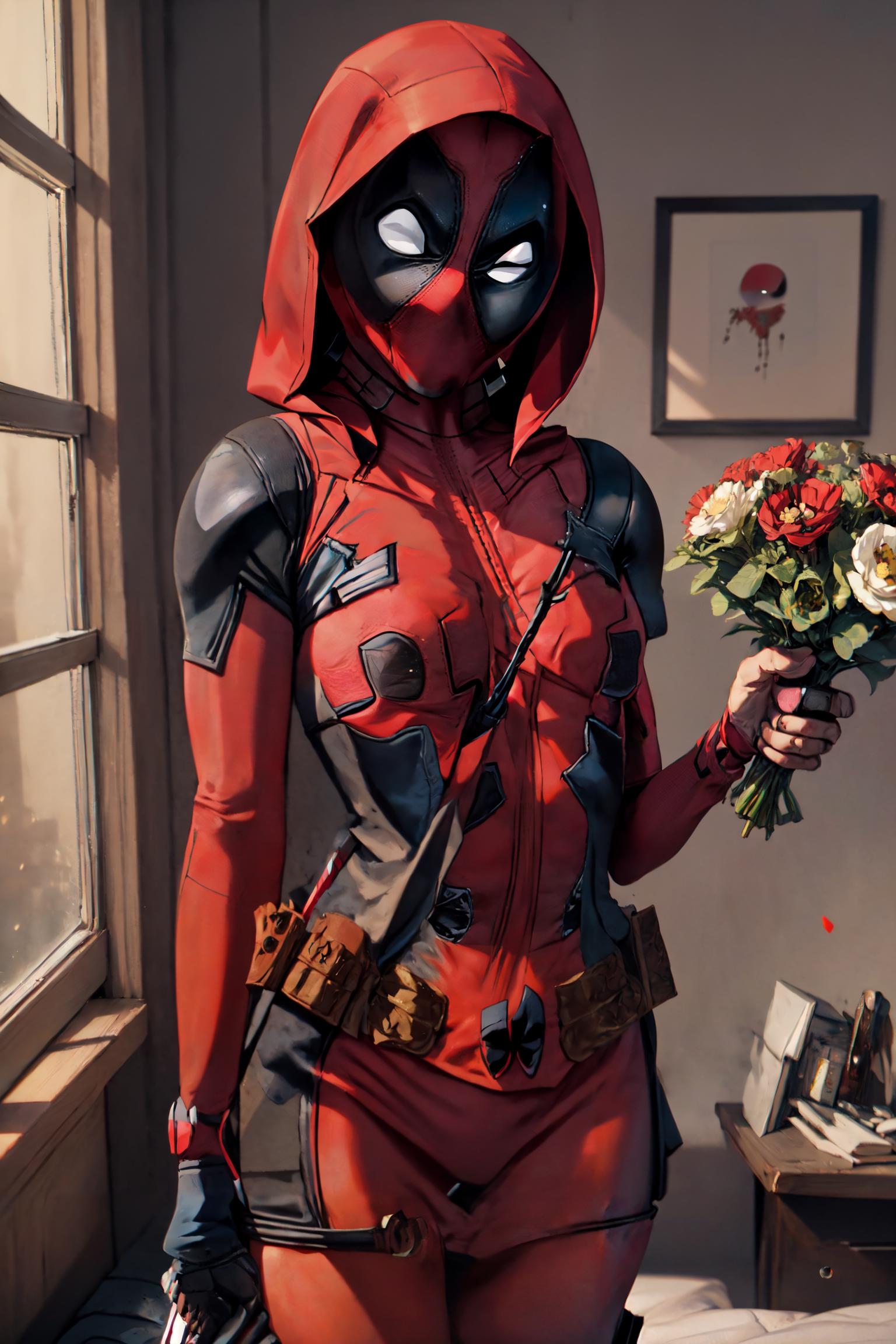 Deadpool cosplaying in a red hoodie holding a bouquet of flowers - SeaArt AI
