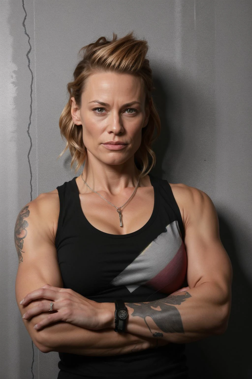 BMAIW, woman in punk outfit, colored Mohawk hair, muscular, abs - SeaArt AI