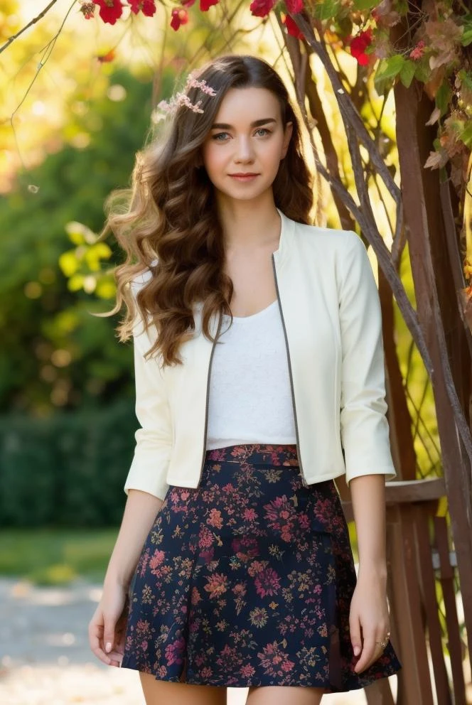 A woman in a skirt and jacket standing in front of a tree - SeaArt AI