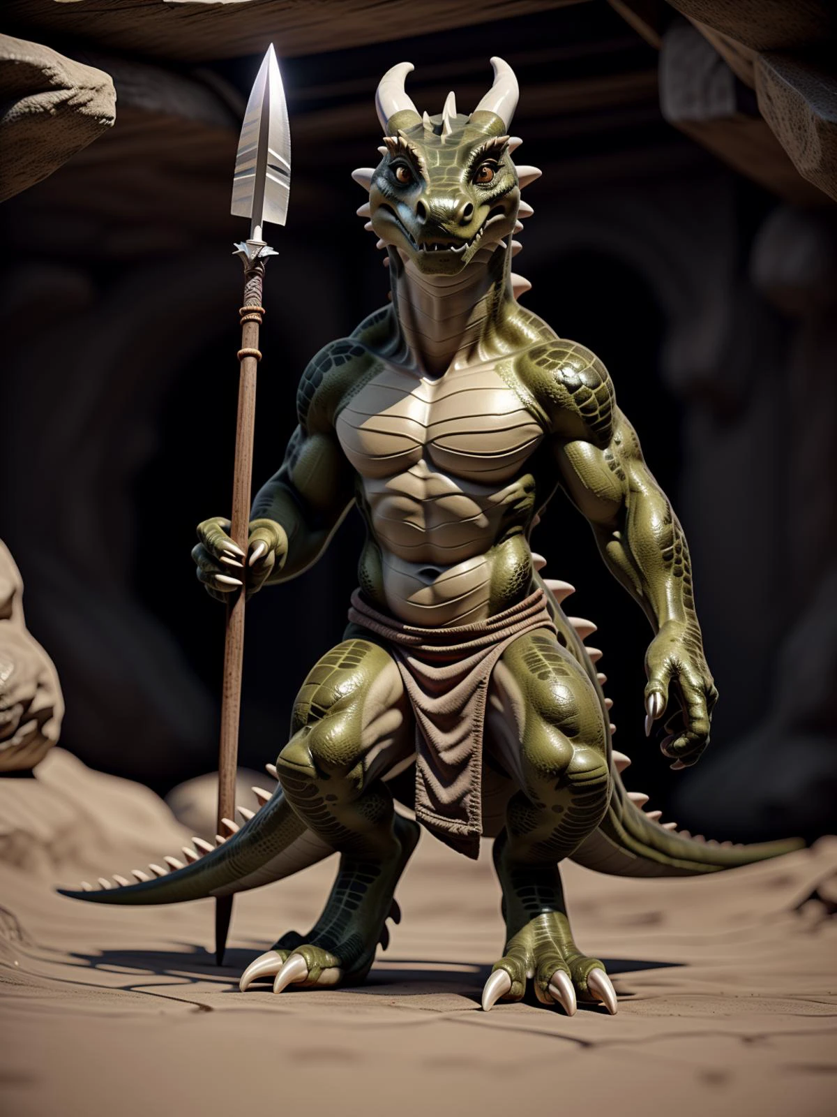 A close up of a toy figure of a dragon with a spear - SeaArt AI