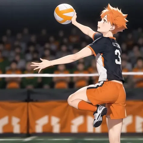 Shoyo Hinata,ultra detailed face,1boy,playing voleyball,spiking the ball in air - SeaArt AI