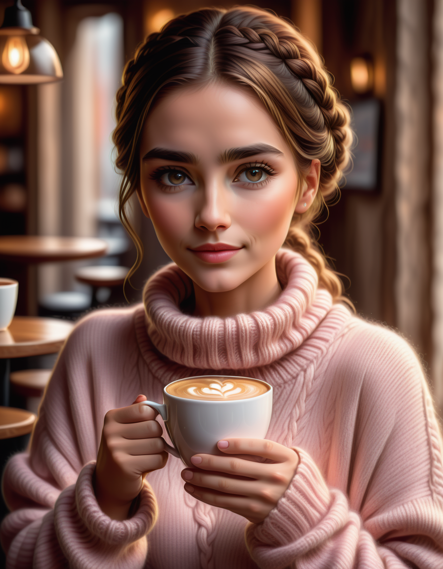 A woman in a pink sweater holding a cup of coffee - SeaArt AI