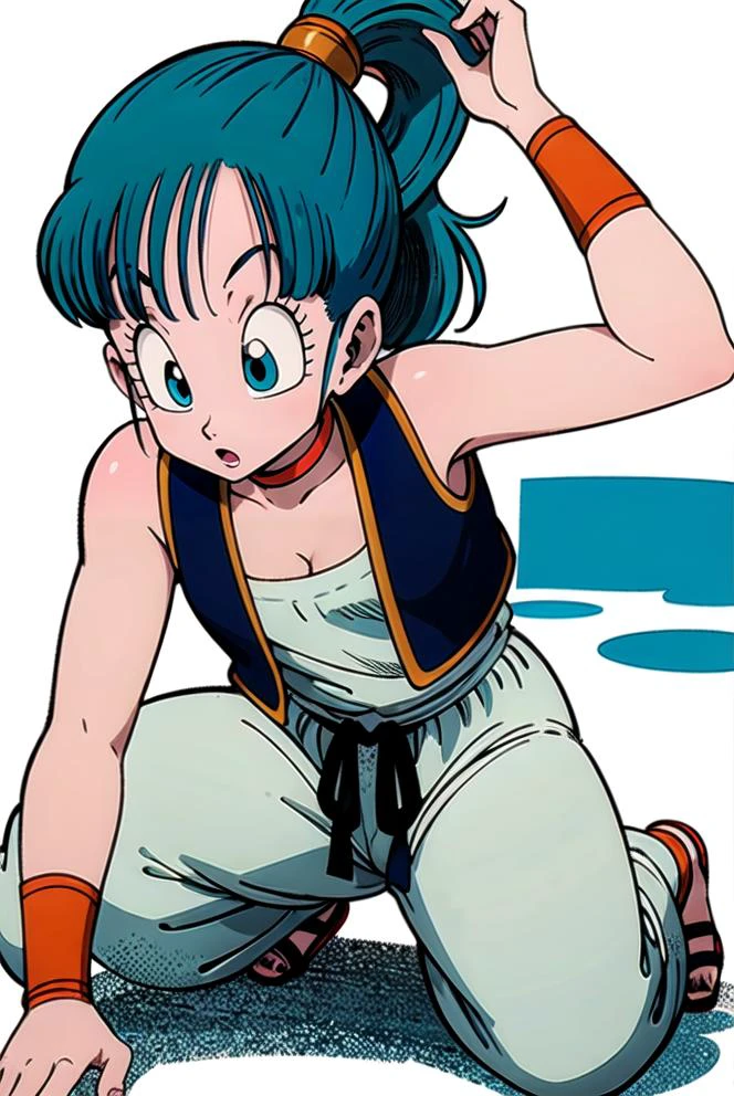 A cartoon image of a woman with blue hair and a ponytail - SeaArt AI