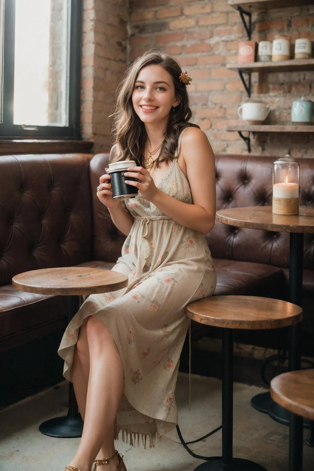 A woman sitting on a couch holding a cup of coffee - SeaArt AI