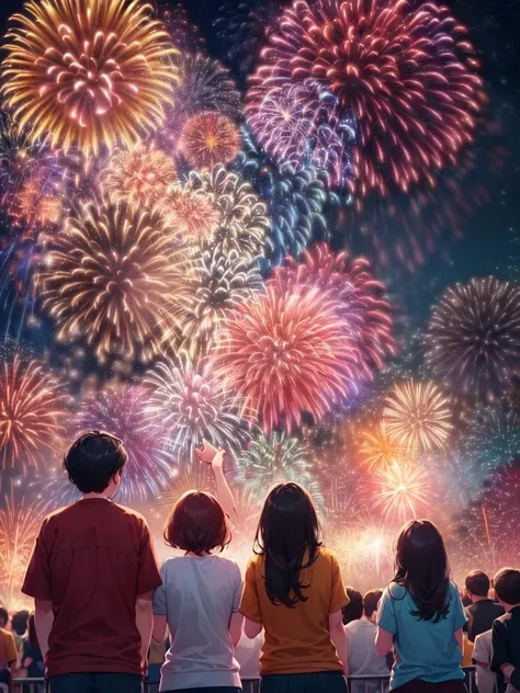 (((Excited crowd watching a fireworks show, crowd mouth open, crowd ...