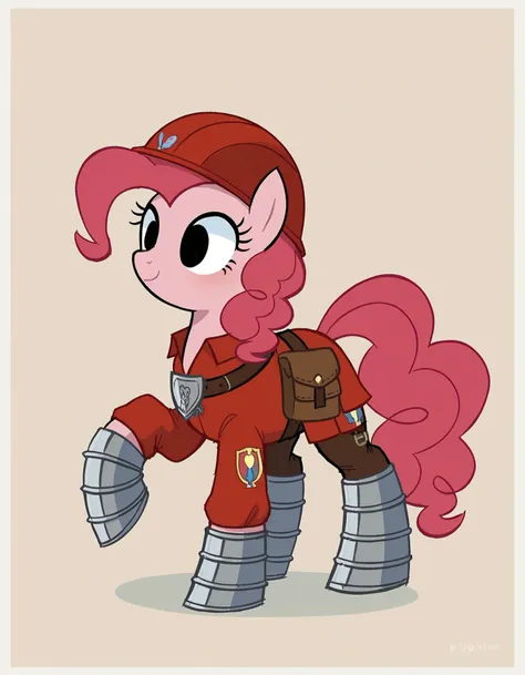 A close up of a pinkie pony with a red hat and a brown jacket - SeaArt AI