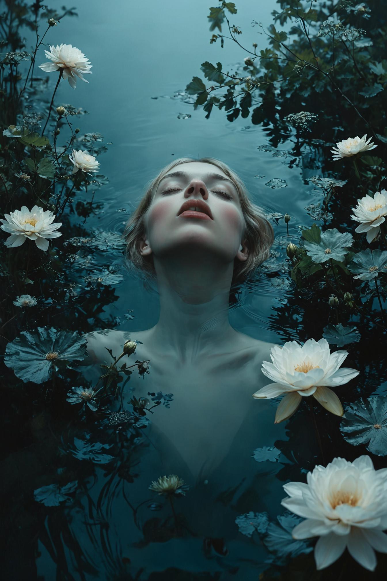 A woman is floating in a pond of water with white flowers - SeaArt AI