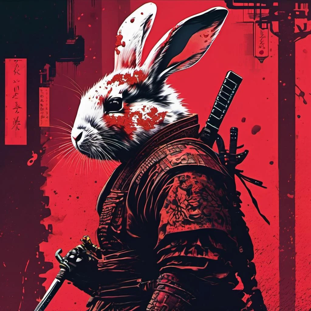 cyberpunk rabbit samurai graphic art, blood splattered - SeaArt AI