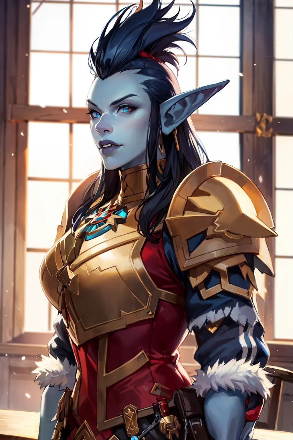 1girl, portrait of beautiful shewowtroll, blue skin, red armor ...