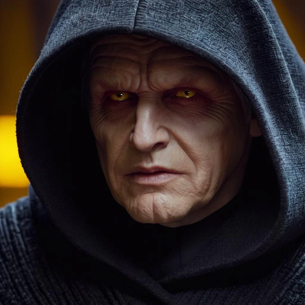 cinematic film still of Darth Sidious a close up of a man in a hoodie ...