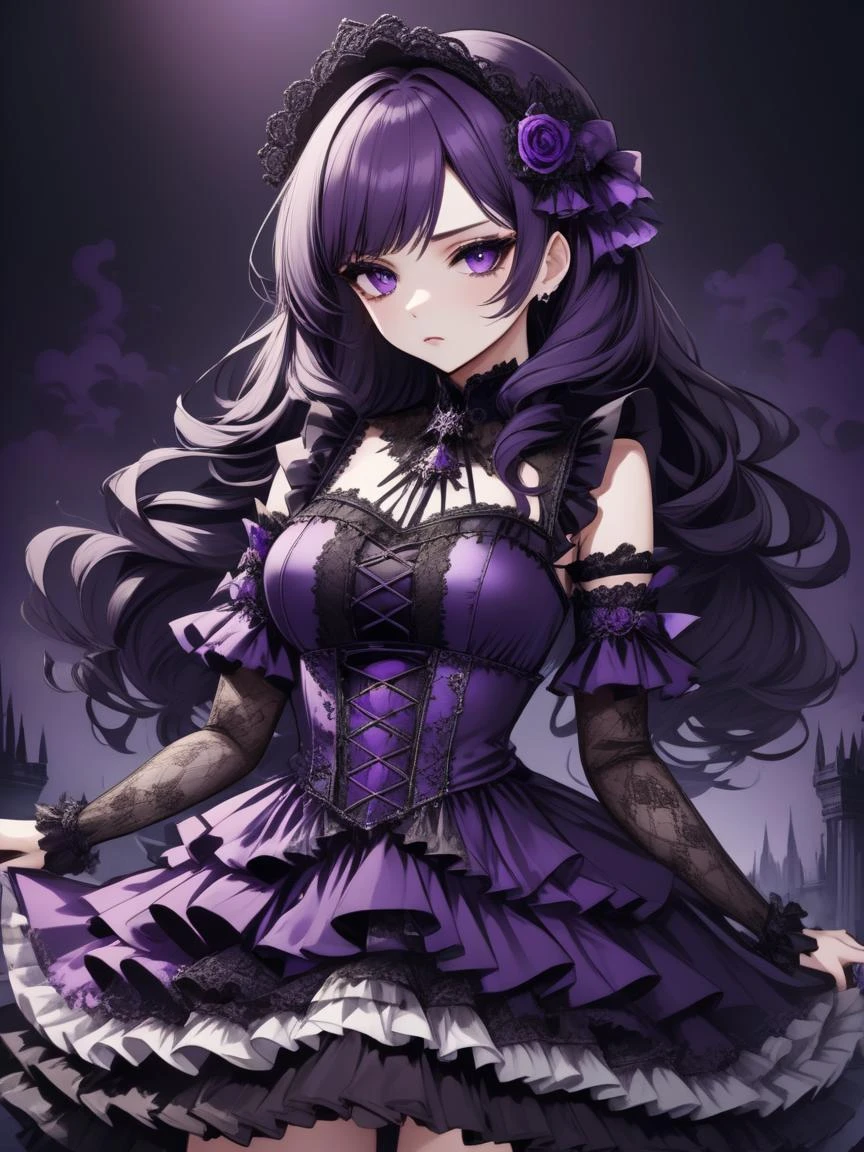 Gothic style beautiful idol girl wearing an idol dress, purple dress ...