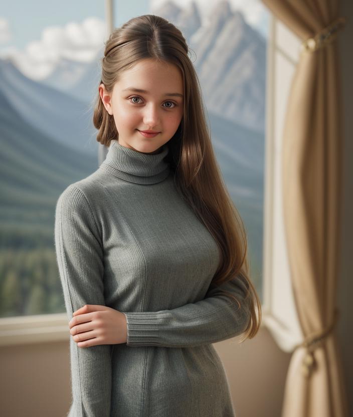 A woman in a gray turtle neck sweater standing in front of a window - SeaArt AI