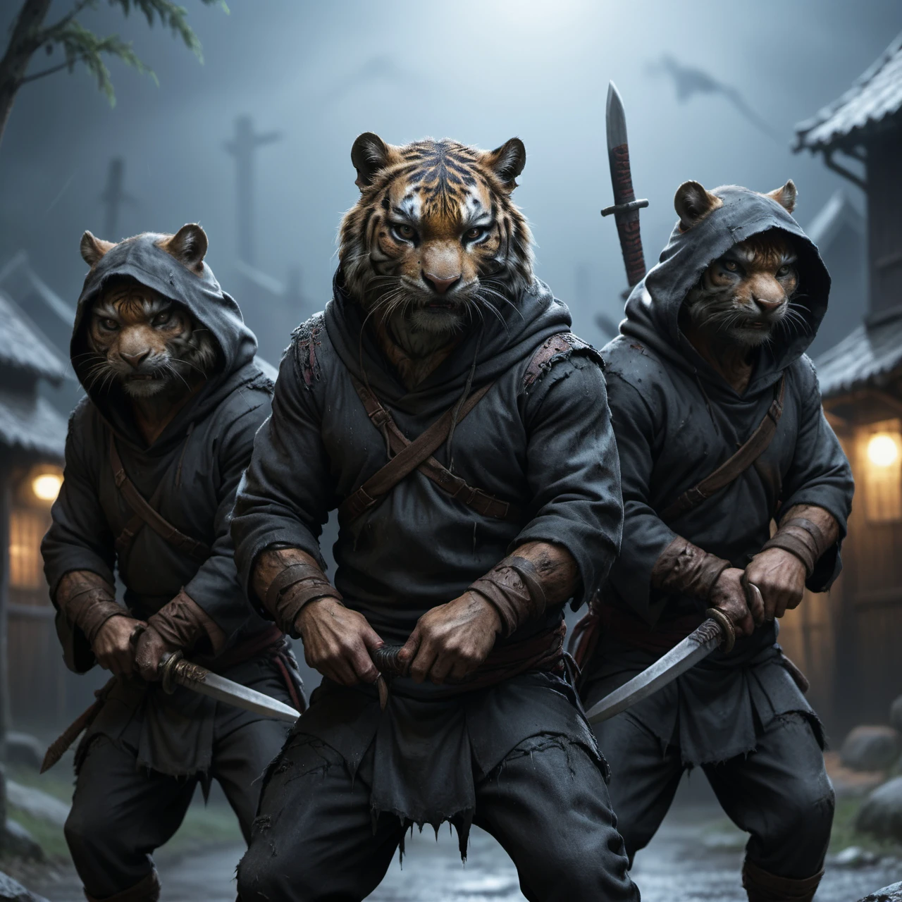 Three men in animal masks are holding swords and standing in a village ...
