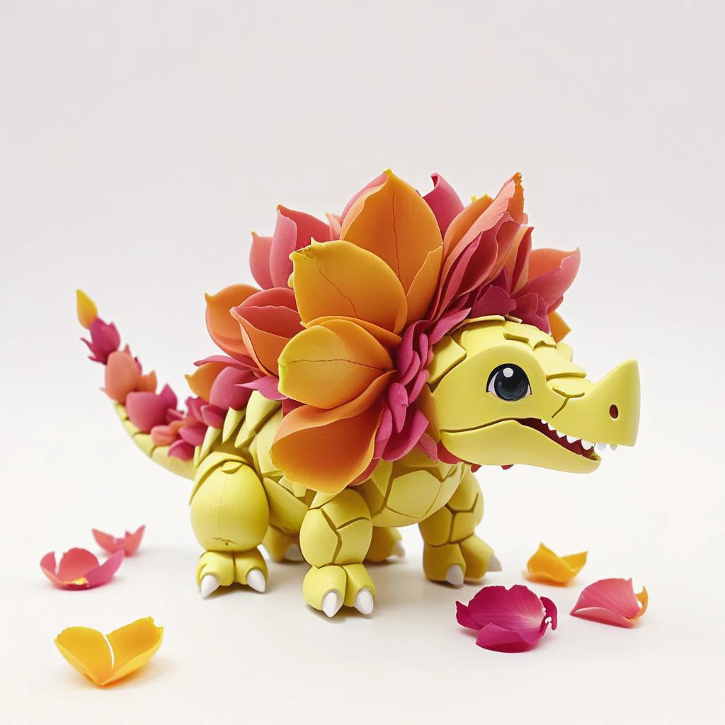 Brightly colored toy of a dinosaur with a flower on its head - SeaArt AI