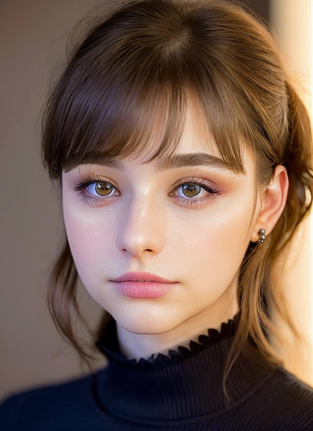 Un primer plano de una mujer con un top negro con cuello de tortuga - SeaArt AI