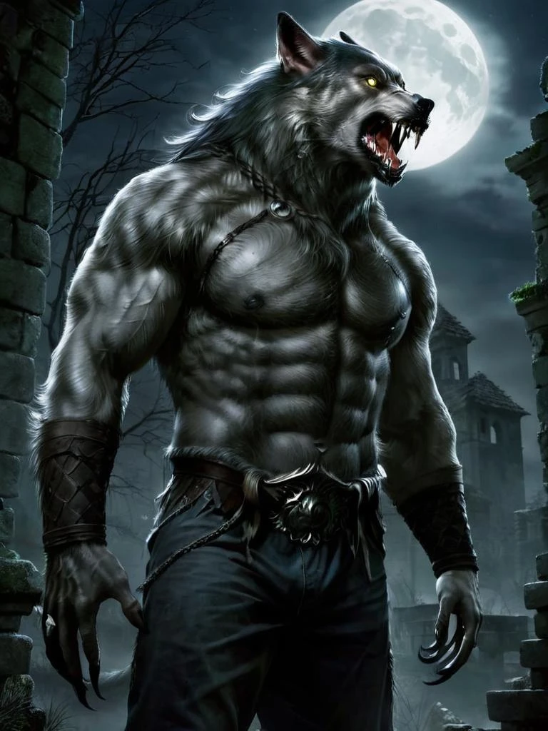 A man with a werewolf face and a full body is standing in front of a ...