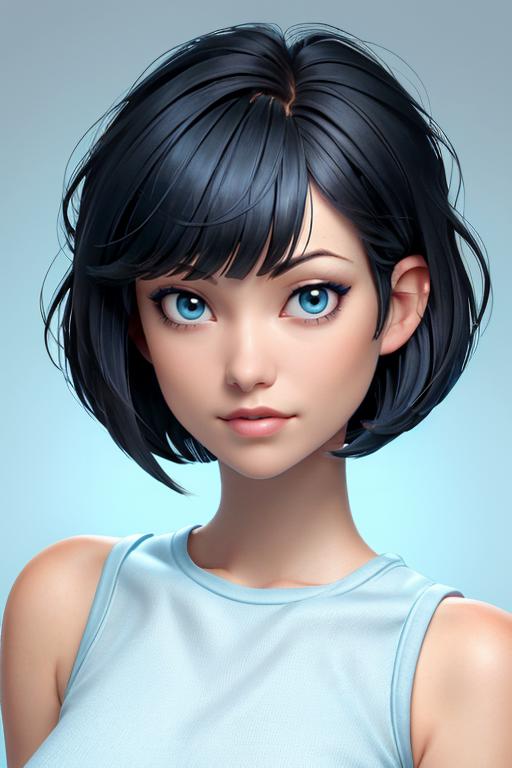 A woman with a short black hair and blue eyes - SeaArt AI