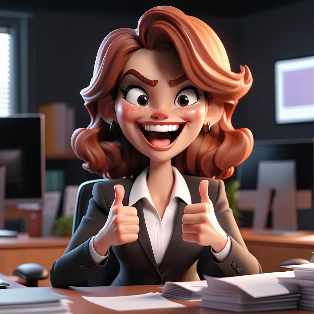 A cartoon woman sitting at a desk giving a thumbs up - SeaArt AI