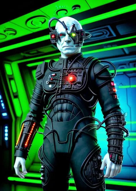 a borg man standing against a sc-fi wall, weapon in one hand, glowing ...