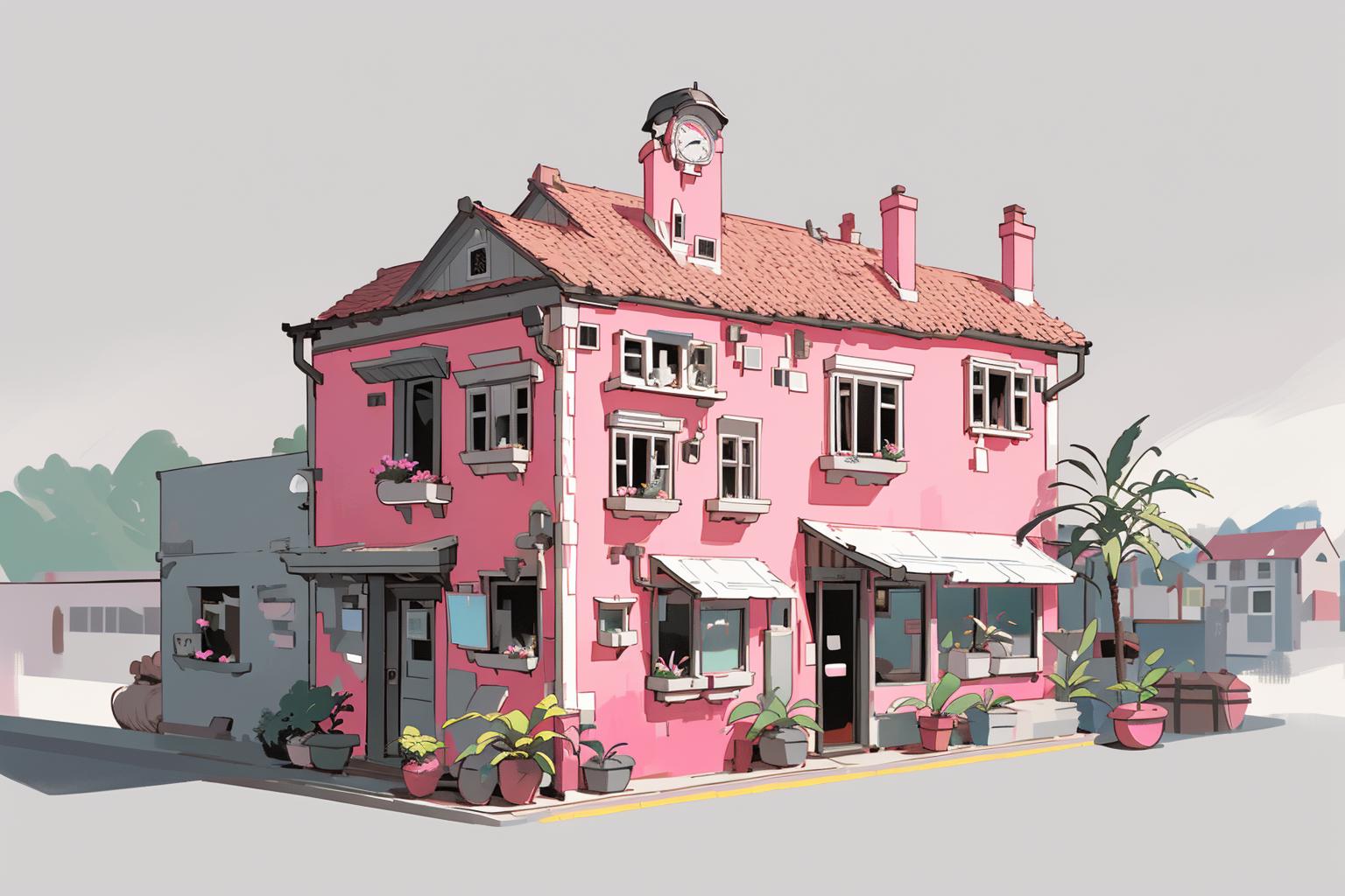 There is a pink building with a clock on the top of it - SeaArt AI