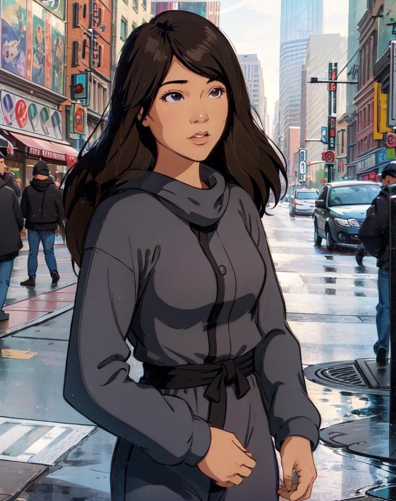 A woman in a gray shirt and black pants standing on a city street - SeaArt AI