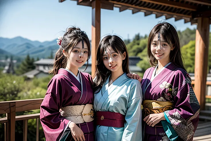 Three women in kimono are posing for a picture on a deck - SeaArt AI