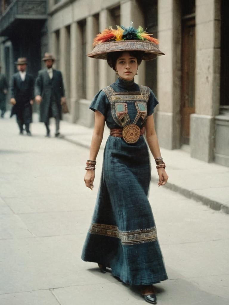 Arafed woman in a long dress and hat walking down a street - SeaArt AI