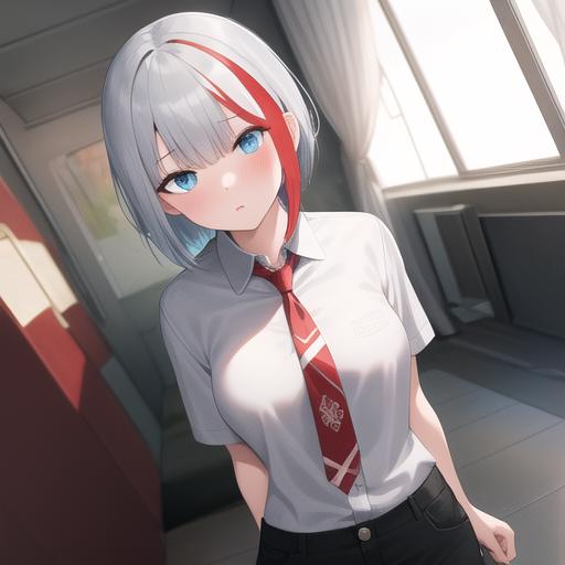 Anime girl with red tie and white shirt in a room - SeaArt AI
