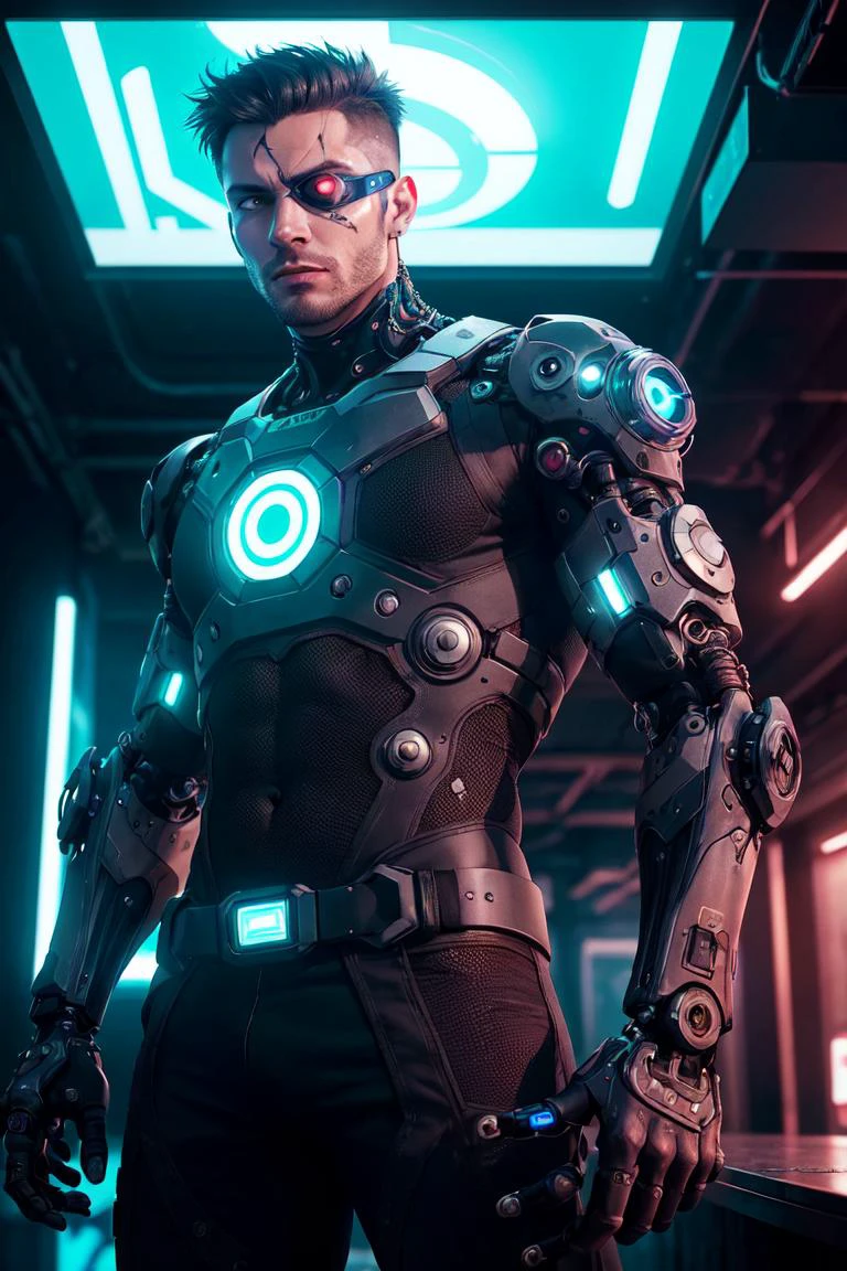 cyberpunk male, with a rugged implanted optic interface covering one ...