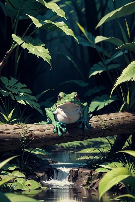 There is a frog sitting on a log in the middle of a stream - SeaArt AI