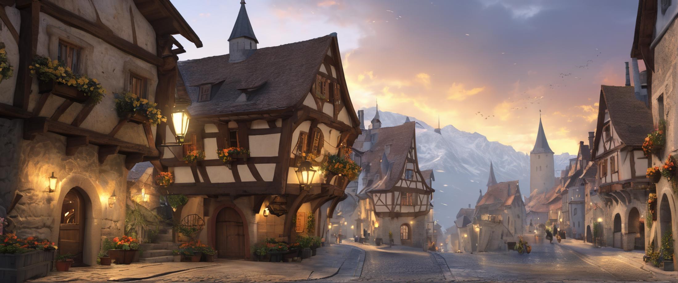 Arafed view of a street with a clock tower and a building - SeaArt AI