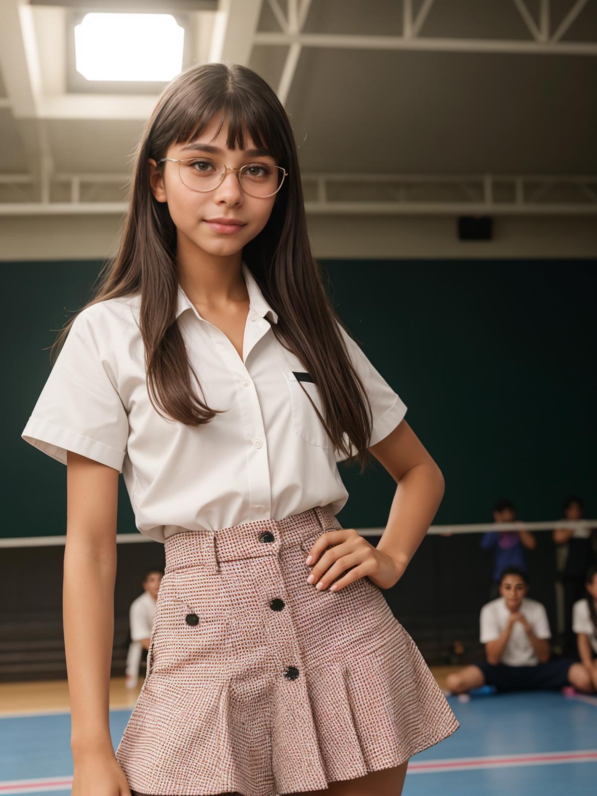 A close up of a young woman in a skirt and shirt - SeaArt AI