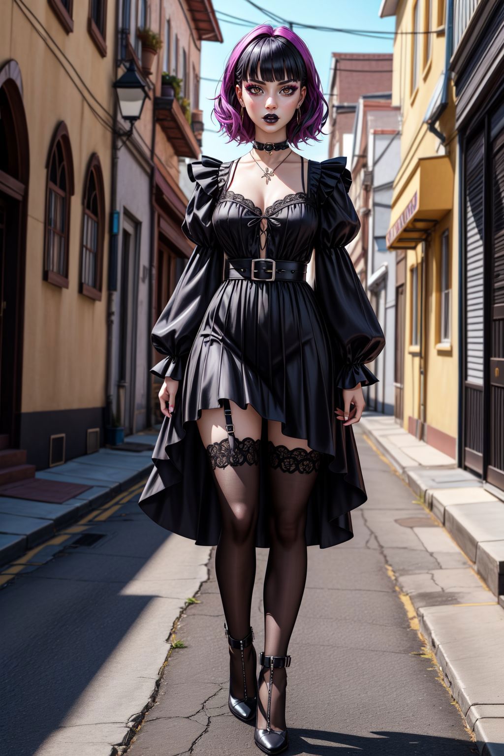 Araffe wearing a black dress and stockings walking down a street - SeaArt AI