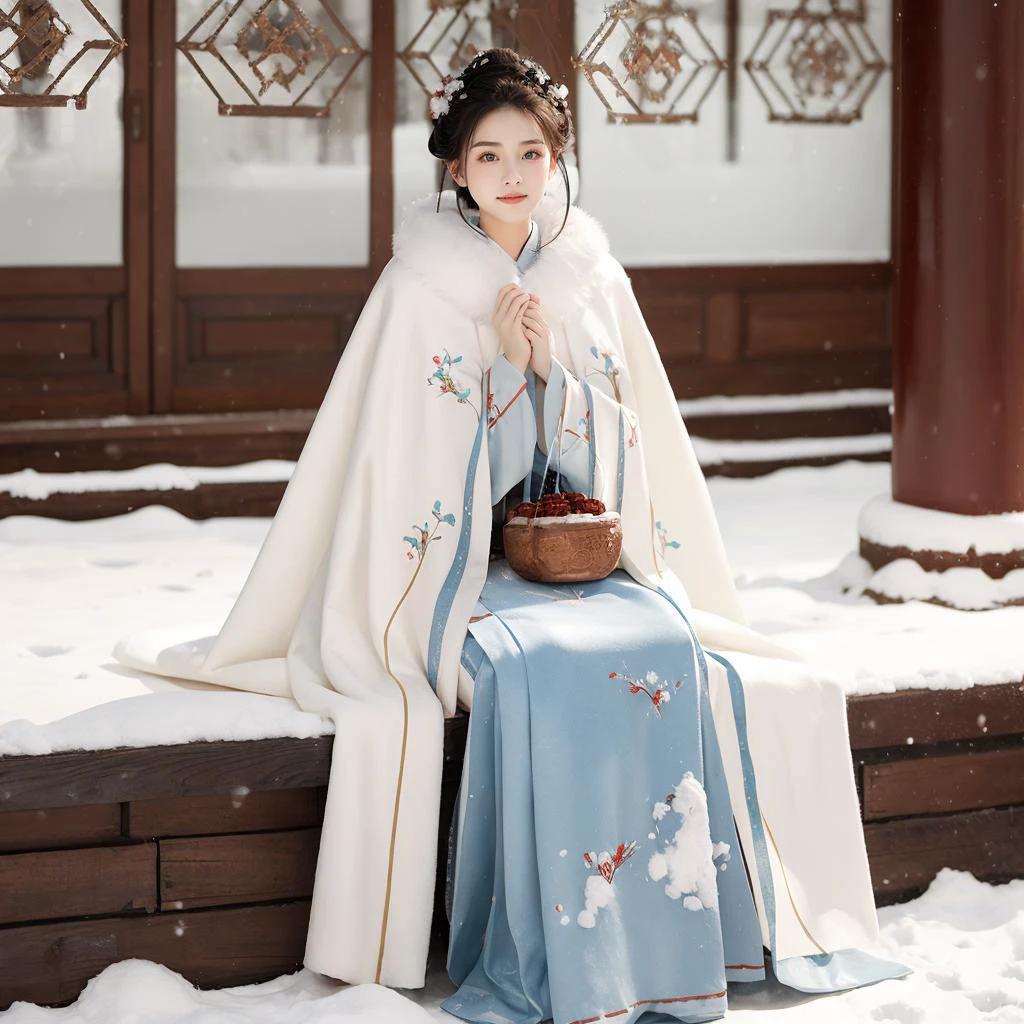 1 girl, sitting, Hanfu, (Winter hanfu), cloak - SeaArt AI