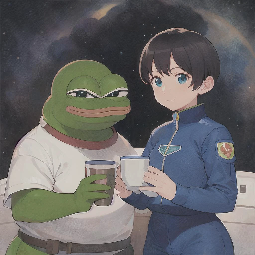 ((pepe_frog)) ((boy person)), a female in space suit on space station ...