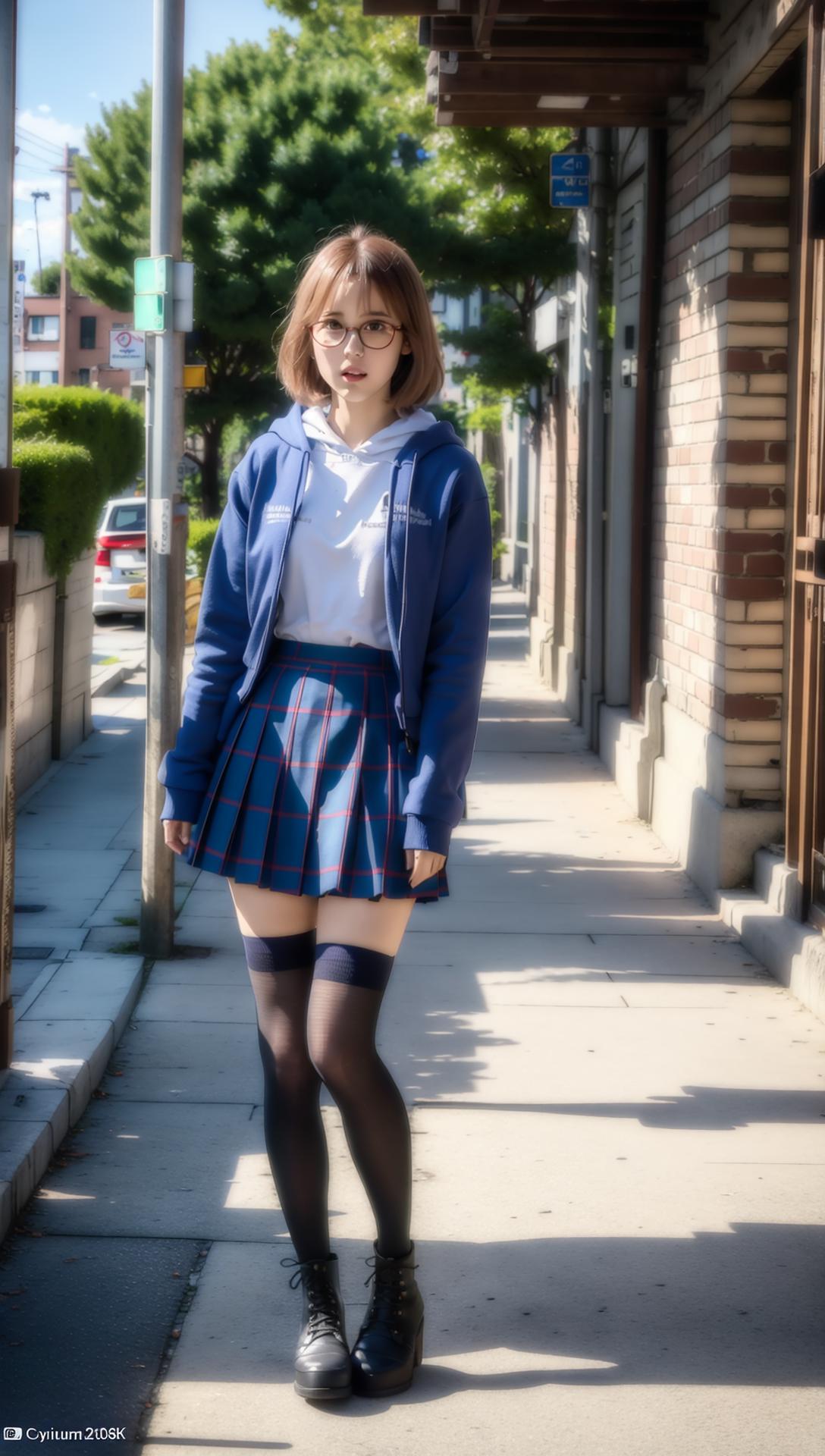 Arafed woman in a blue jacket and skirt standing on a sidewalk - SeaArt AI