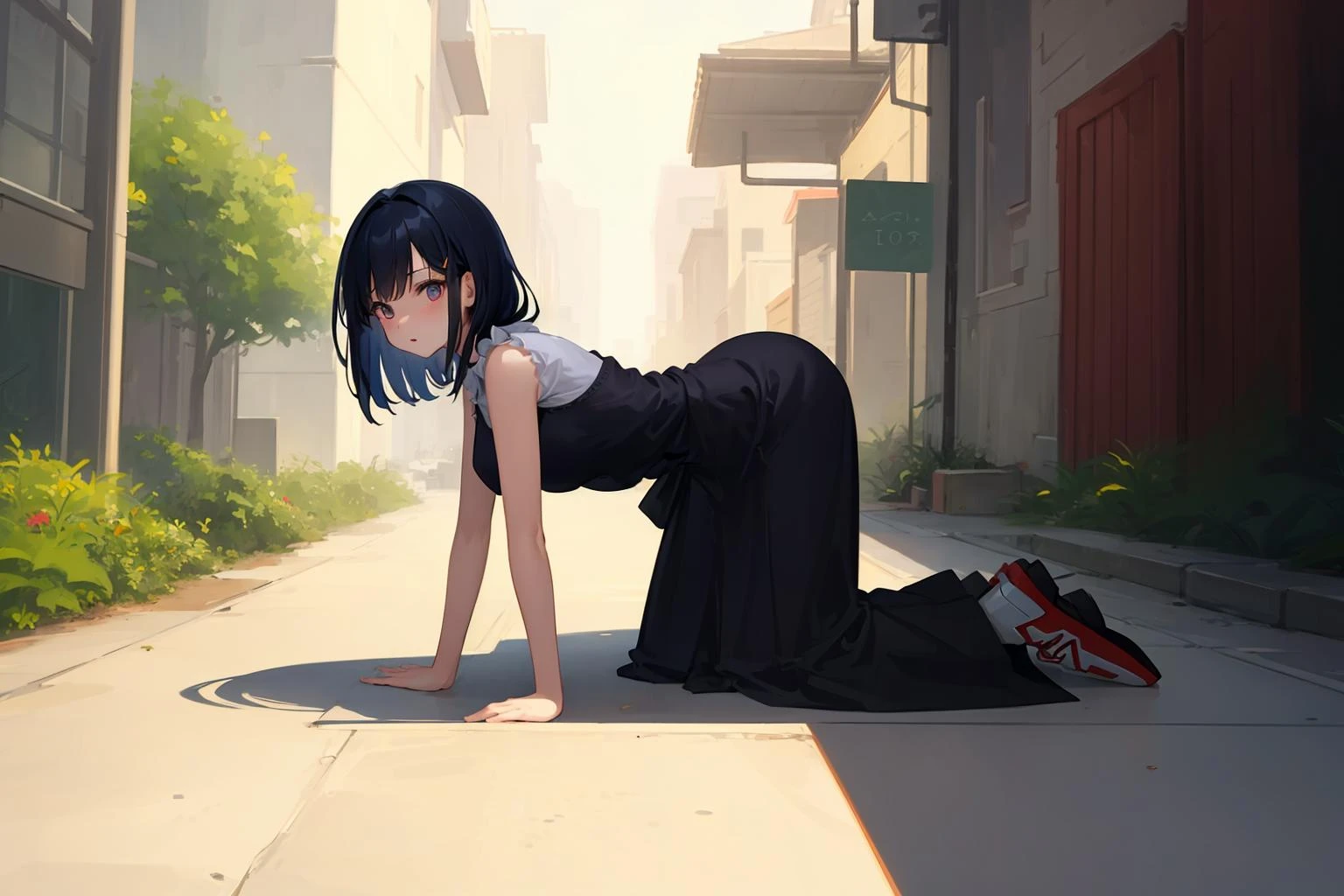 Anime girl in black dress laying on the ground in the middle of a city ...