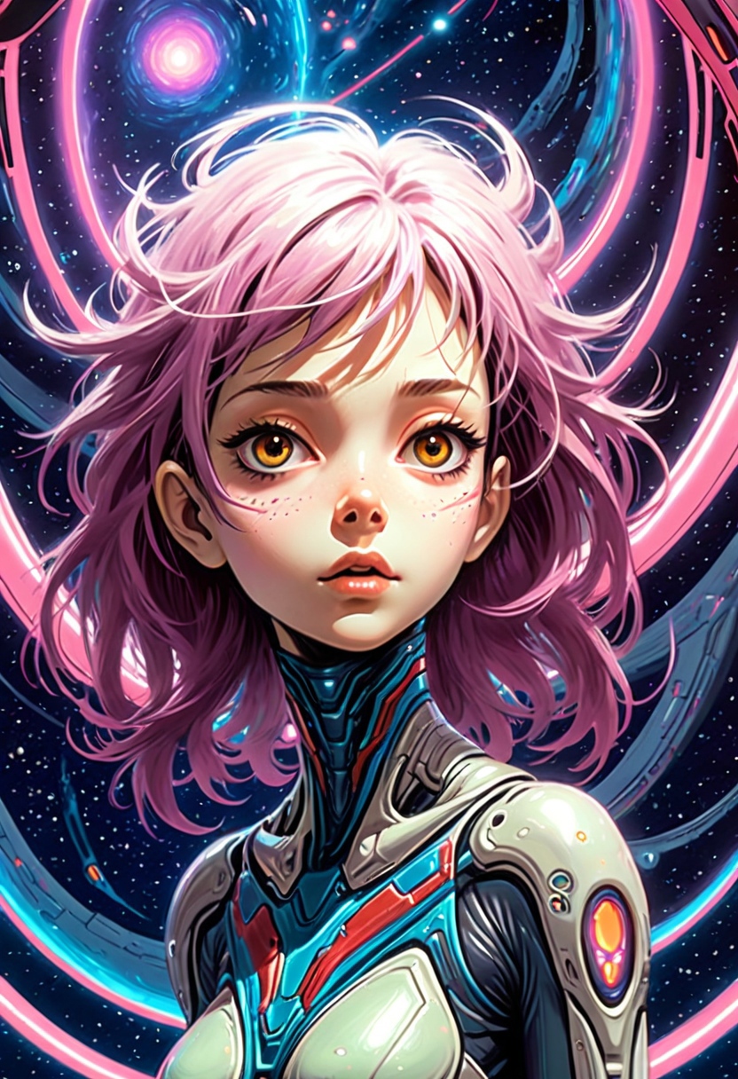 A woman with pink hair and a futuristic suit stands in front of a space background - SeaArt AI