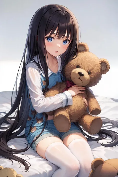 (masterpiece, best quality), 1girl, hugging teddy bear, wariza - SeaArt AI