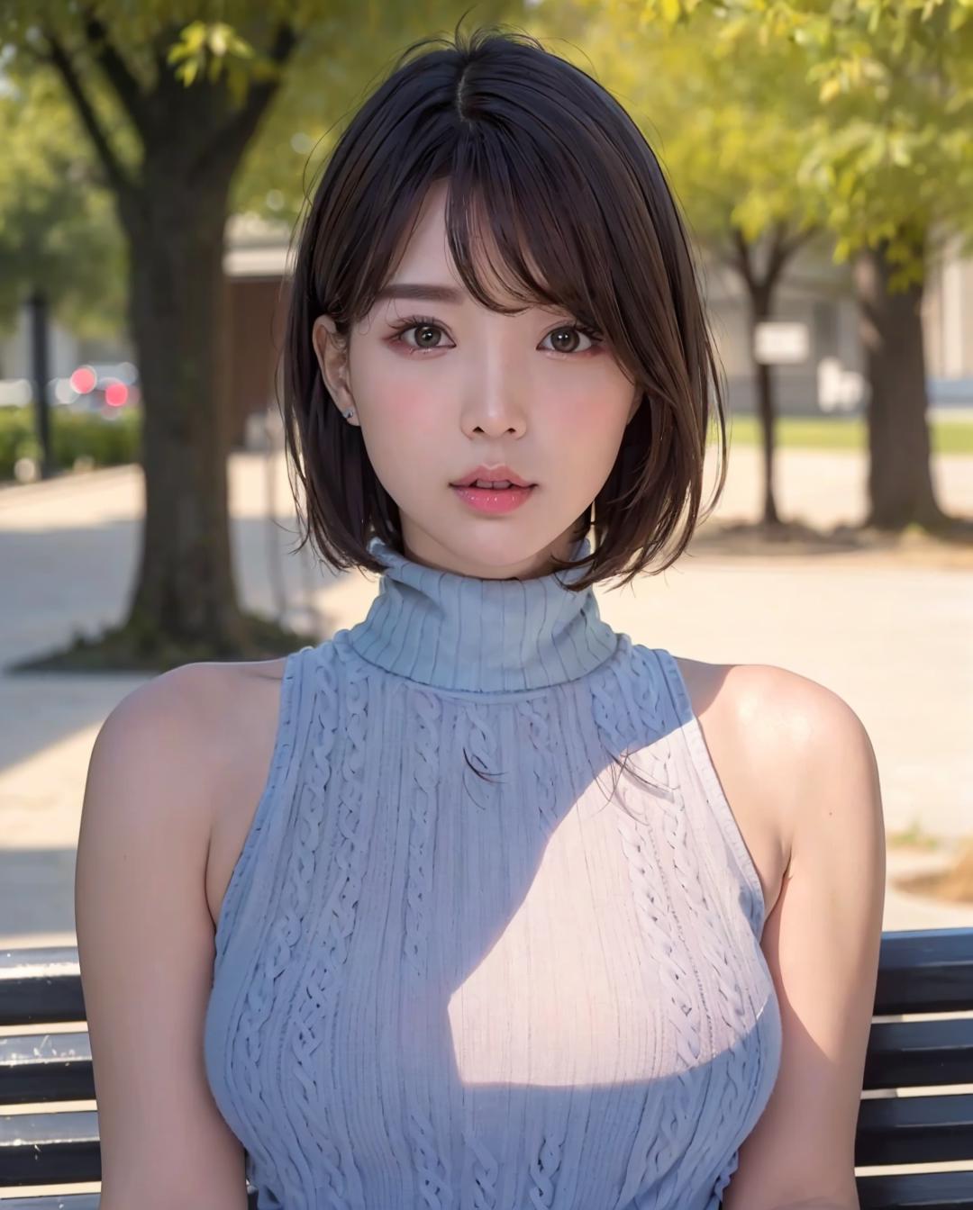 公園のベンチに座っているアラフィフのアジア人女性 - SeaArt AI