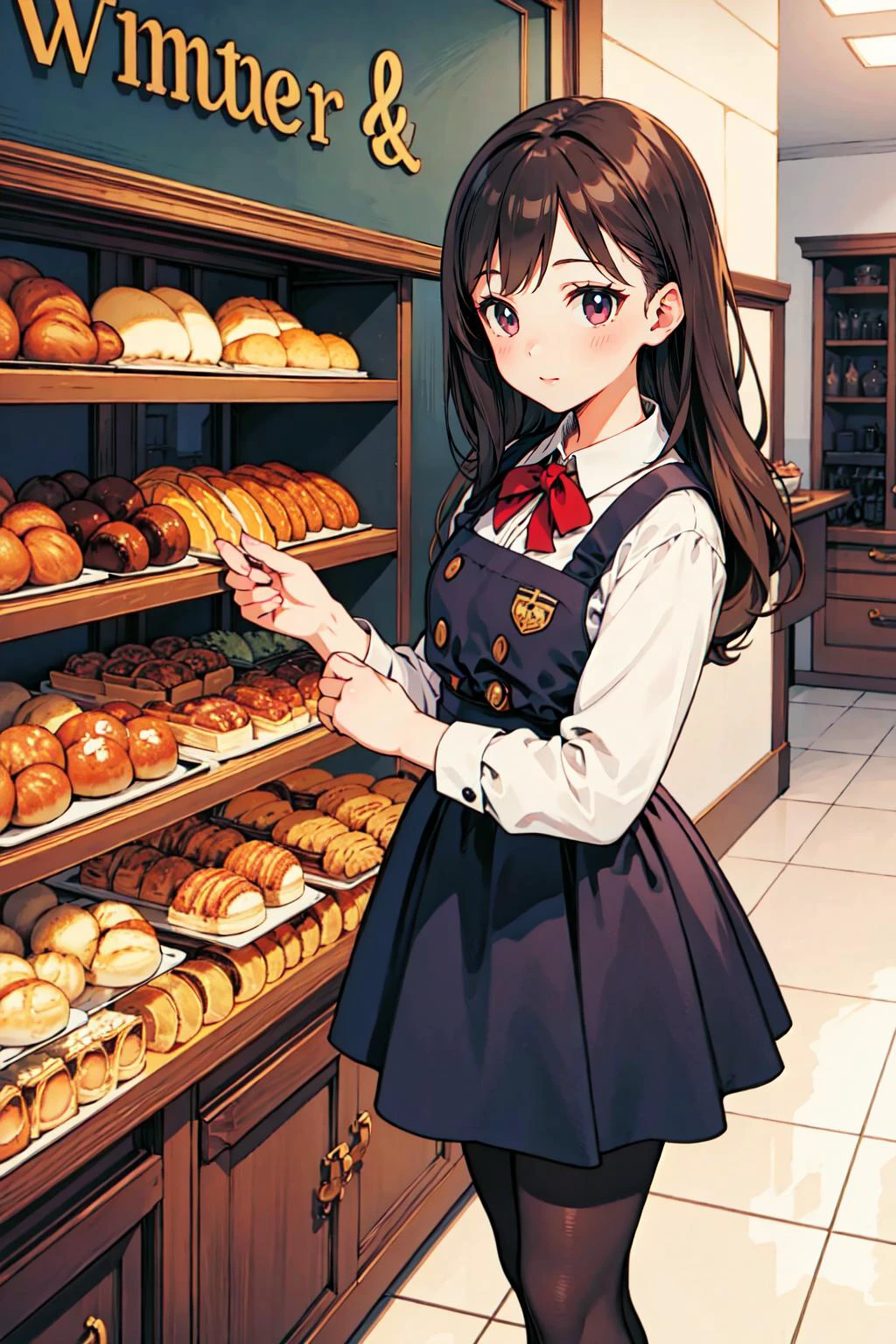 Anime girl in a bakery with bread and pastries on shelves - SeaArt AI