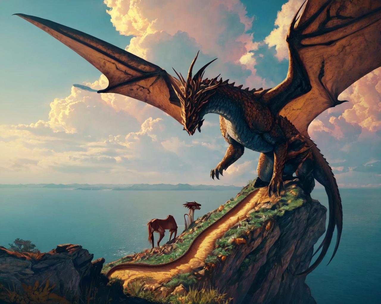 A close up of a dragon on a cliff with a horse - SeaArt AI