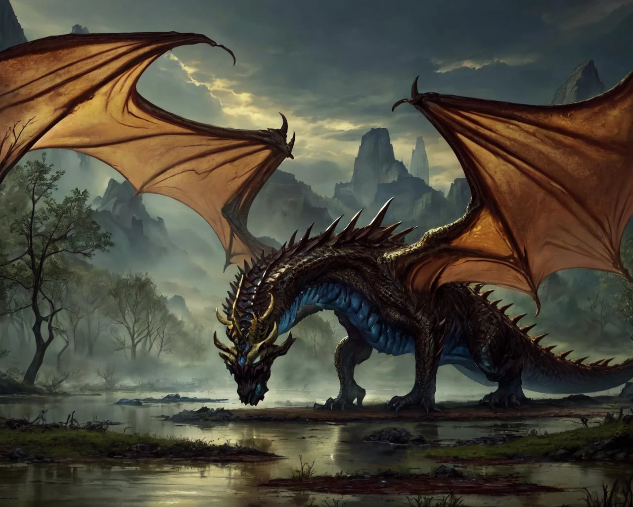 A close up of a dragon with wings flying over a body of water - SeaArt AI
