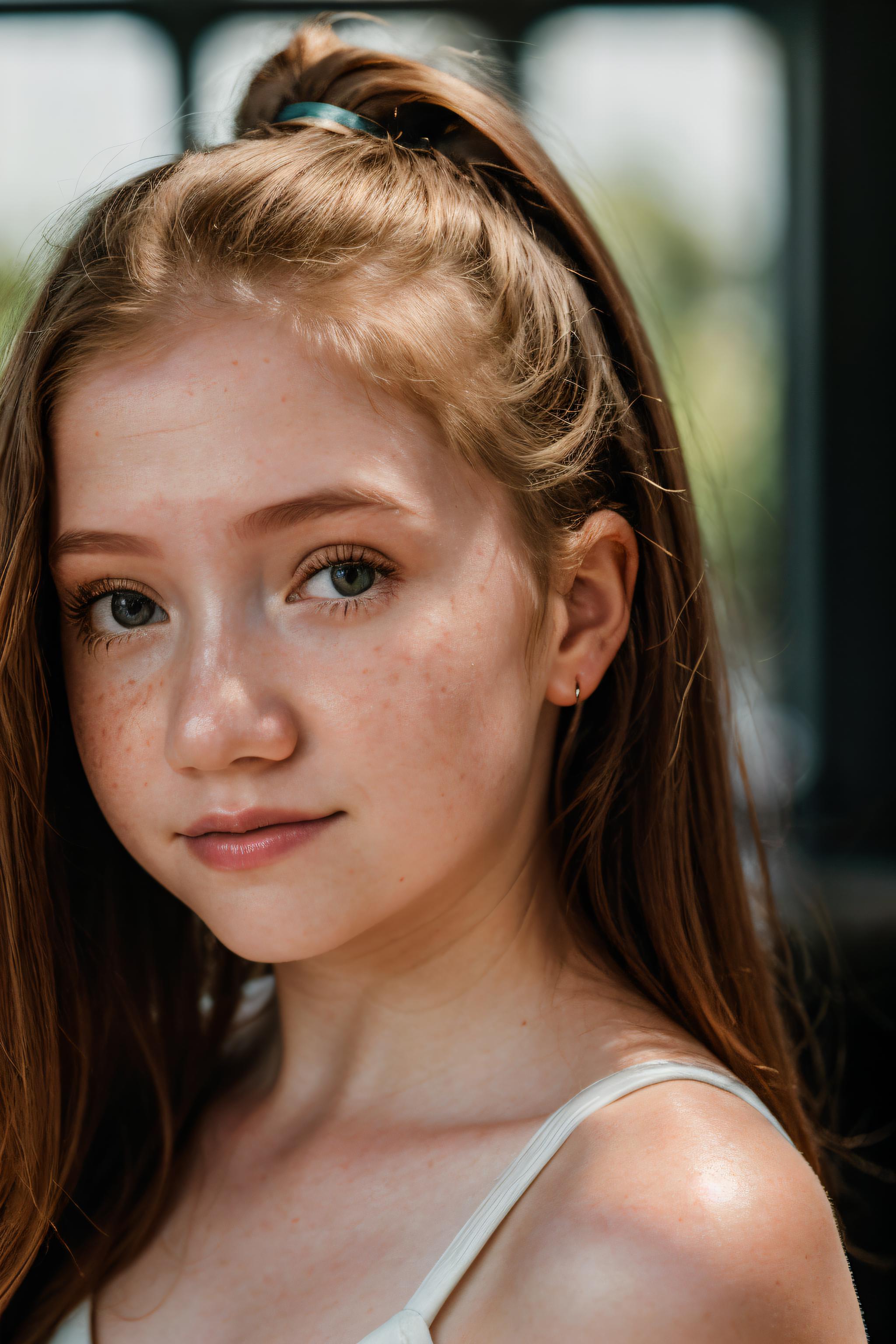 A close up of a young girl with long hair and a white tank top - SeaArt AI