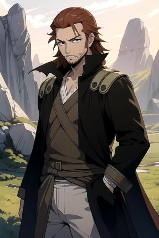 A man in a long coat standing in front of a mountain - SeaArt AI