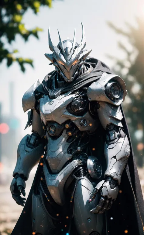 cgmech, (realistic), solo, white mecha robot, cape - SeaArt AI